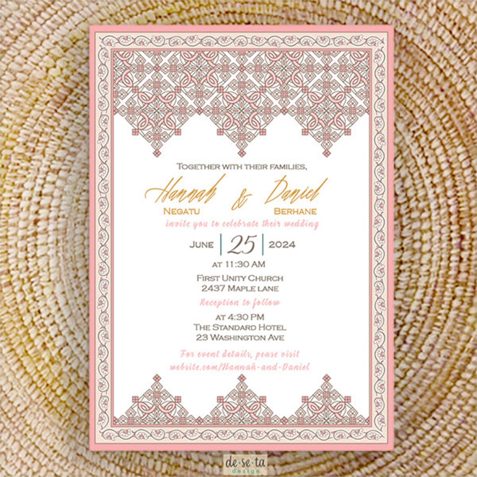 Meskel Pattern With Floral Border Wedding Invitation, Pink & Champagne ...
