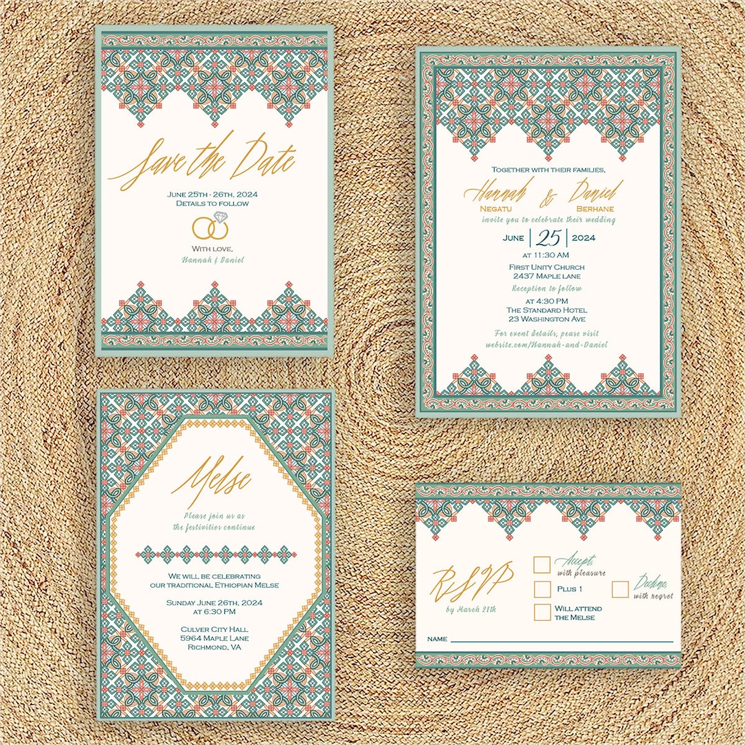 Meskel Pattern With Floral Border Wedding Invitation Suite, Green ...