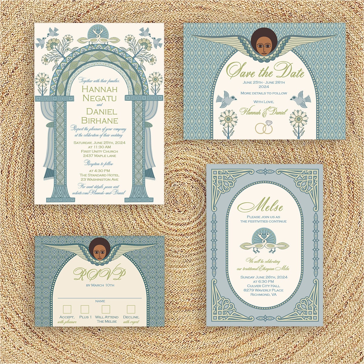 Lovebirds in Paradise Wedding Invitation Suite, Lt Blue & Sage ...
