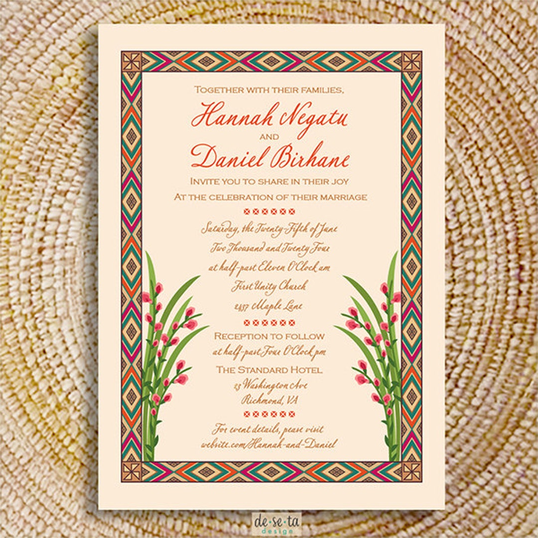 Mesob and Zembaba Wedding Invitation, Green & Terracotta, Ethiopian ...