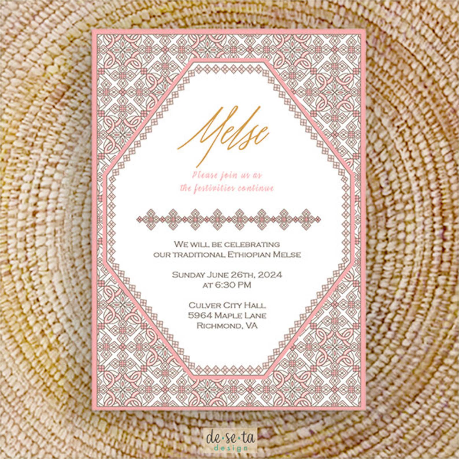 Meskel Pattern With Floral Border Melse Invitation, Pink & Champagne ...