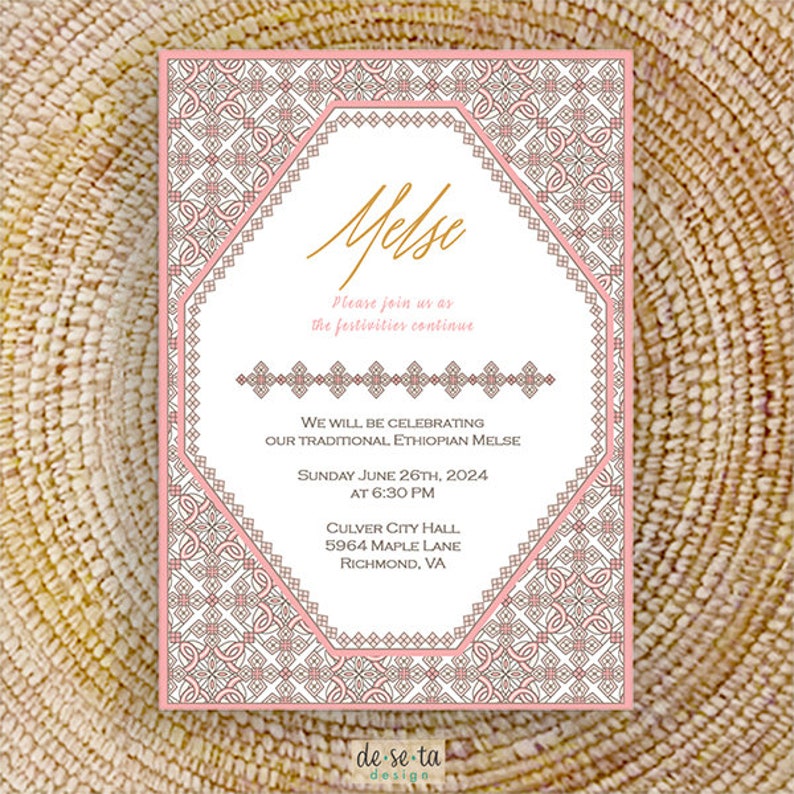 Meskel Pattern With Floral Border Melse Invitation, Pink & Champagne ...