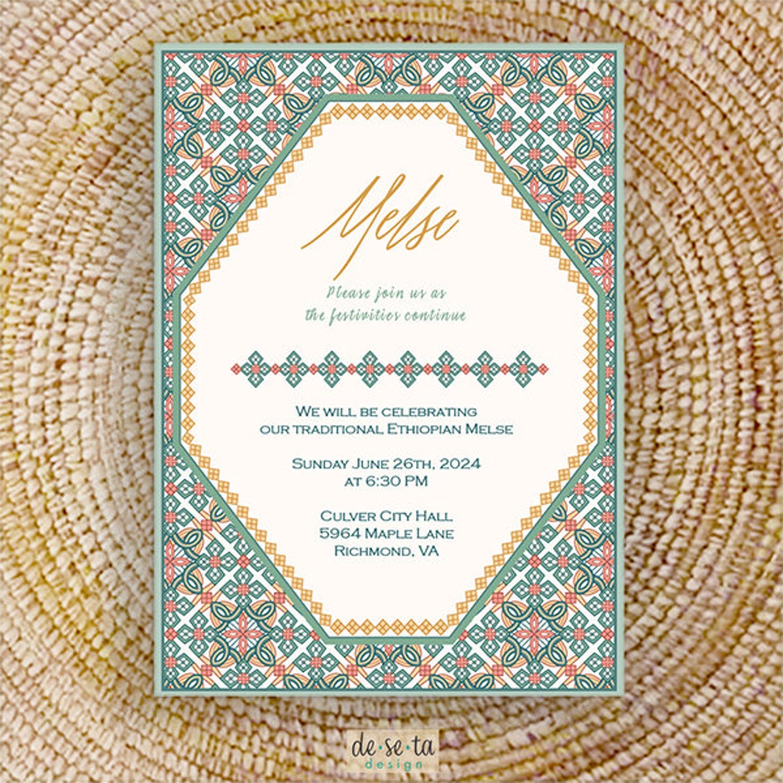 Meskel Pattern With Floral Border Melse Invitation, Green & Terracotta ...