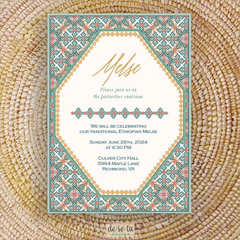 Meskel Pattern With Floral Border Melse Invitation, Green & Terracotta ...