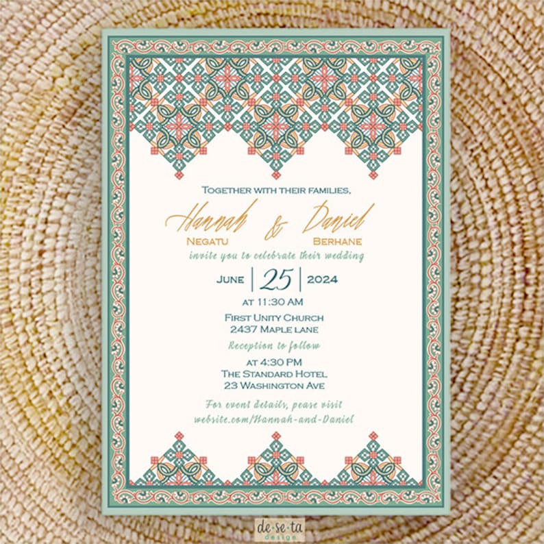 Meskel Pattern With Floral Border Wedding Invitation, Green ...