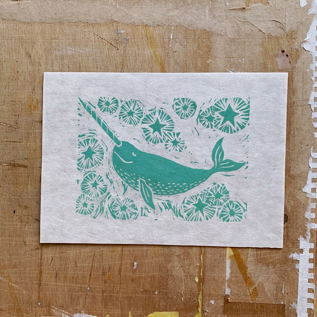 Narwhal Lino Print - Original Sea Green Art, A5 - Etsy