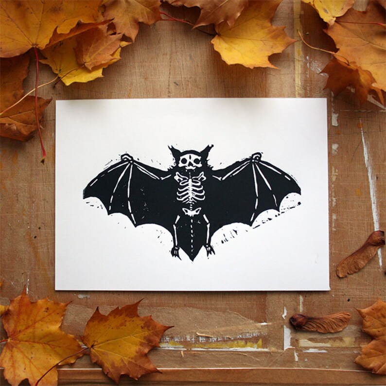 Skeletal Bat Lino Print – Halloween Gothic Wall Art - Etsy
