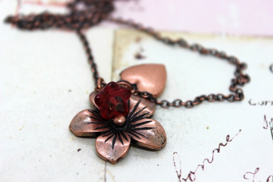 Flower. Locket Necklace. in Copper Ox With Crystals - Etsy