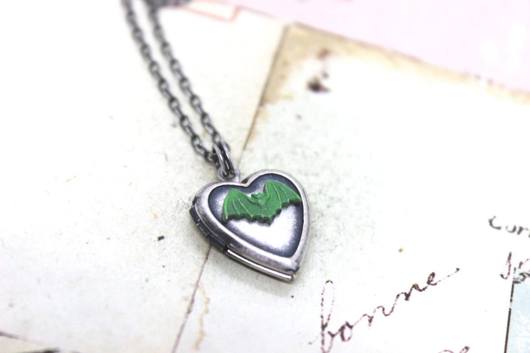 Bat Green. Heart Locket Necklace. Silver Ox Jewelry Now With Painted ...