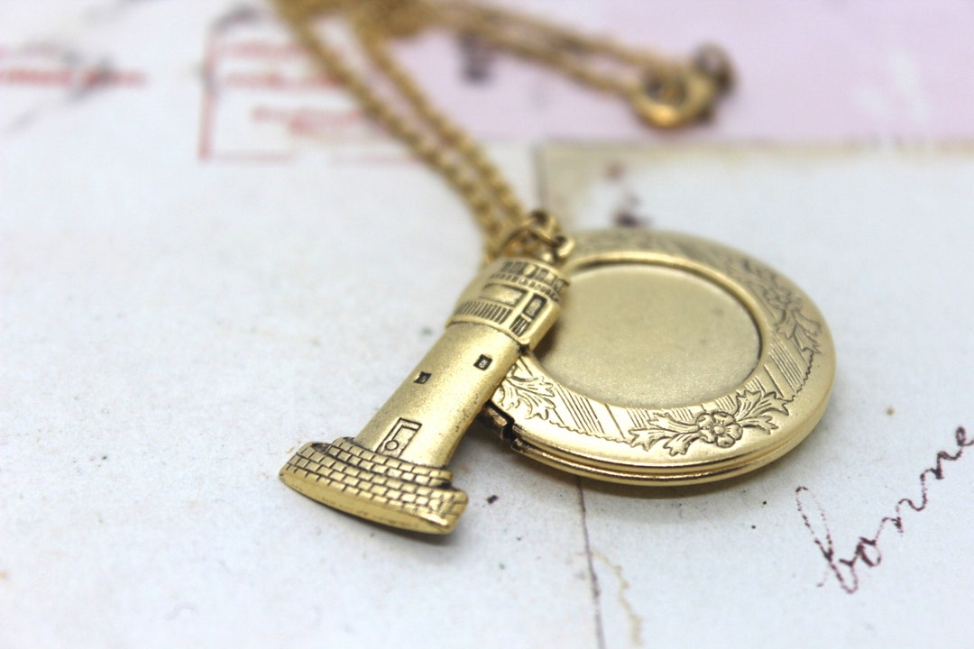 Lighthouse Locket. Round Necklace. Gold Ox Jewelry With Floral Pattern ...