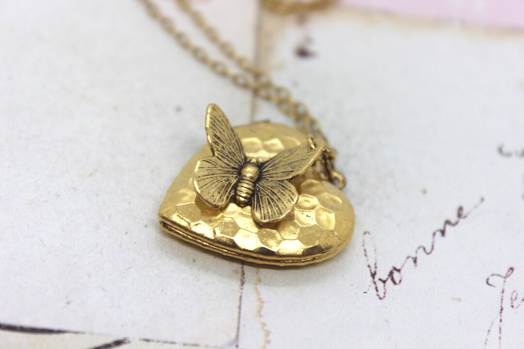 Butterfly. Heart Locket Necklace. in Gold Ox With Hammered Pattern ...