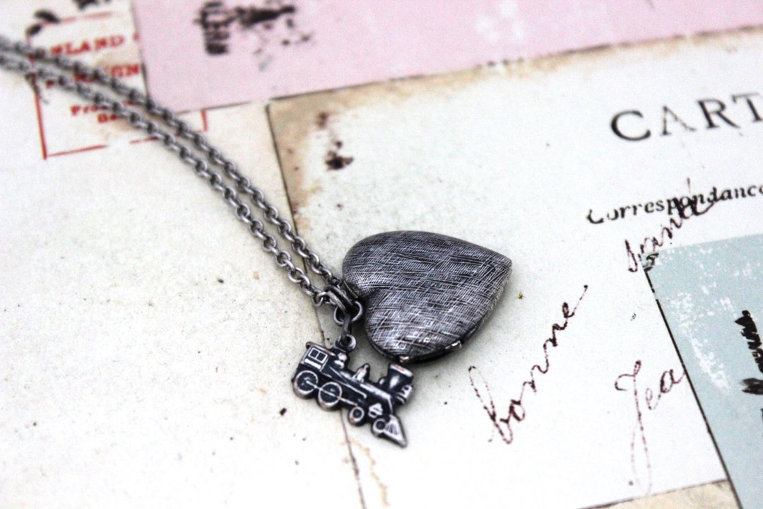 Train. Heart Locket Necklace. in Silver Ox With Etched Lines - Etsy