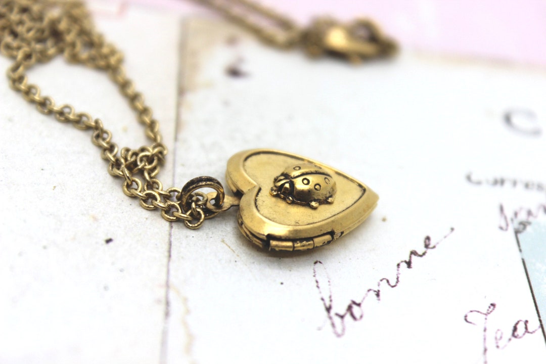 Ladybug. Heart Locket Necklace. Gold Ox Ladybug Glued Small Size Locket ...