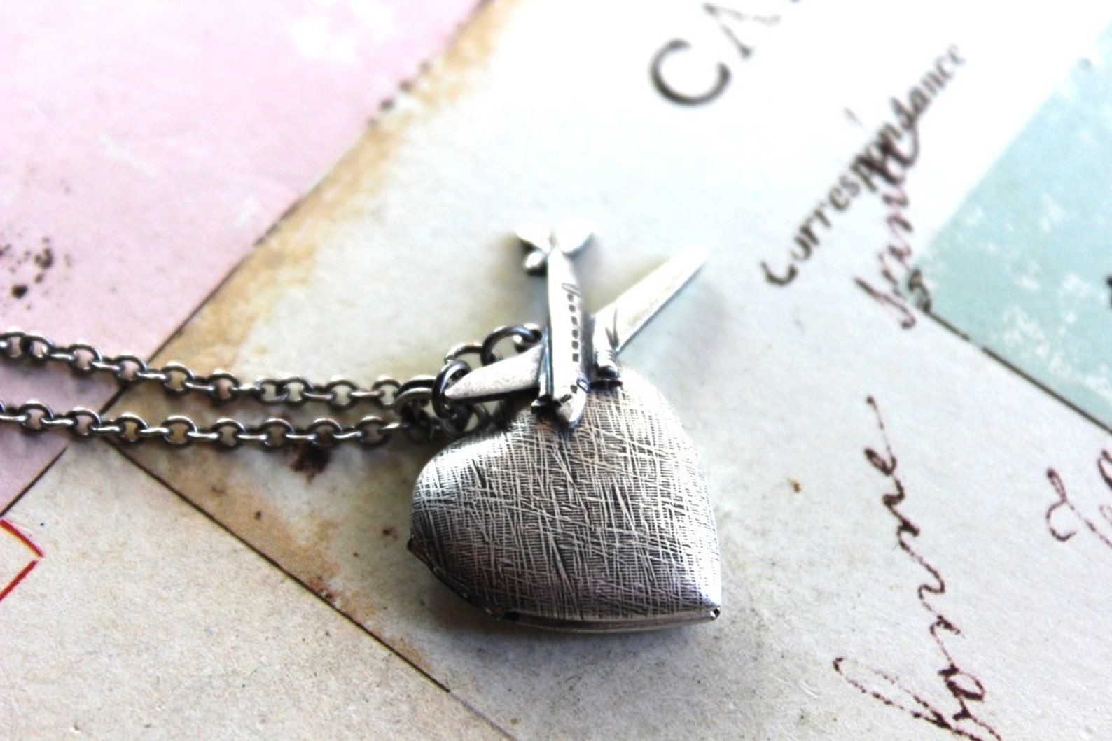 Airplane. Heart Locket Necklace. in Silver Ox With Etched - Etsy