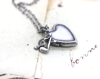 Music Note. Heart Locket Necklace. Silver Ox Meduim Locket - Etsy