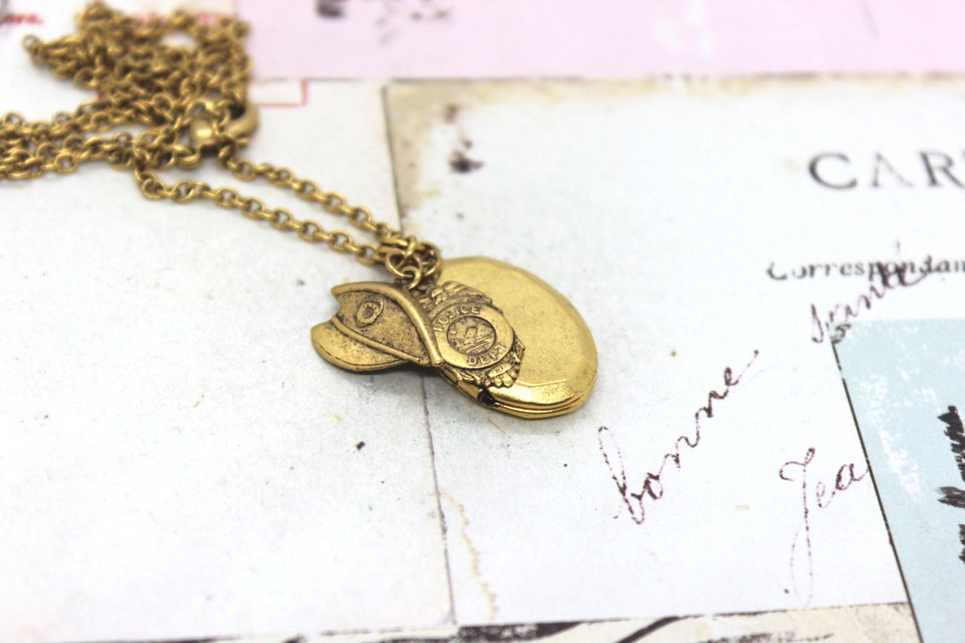 Police Locket Necklace. Gold Ox Jewelry Hat and Badge - Etsy