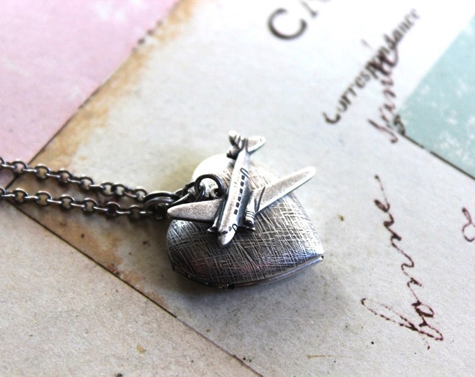 Airplane. Heart Locket Necklace. in Silver Ox With Etched - Etsy