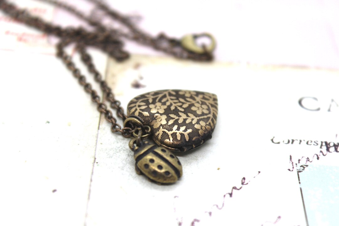 Ladybug. Heart Locket Necklace. in Brass Ox With Floral Pattern - Etsy