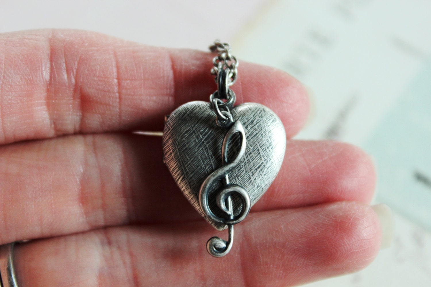 G Clef. Heart Locket Necklace. in Silver Ox With Etched Lines - Etsy