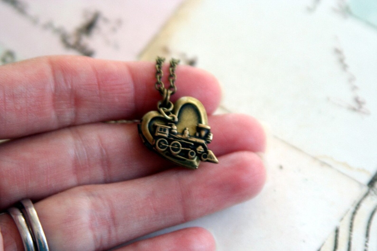 Train. heart locket necklace. brass ox | Etsy