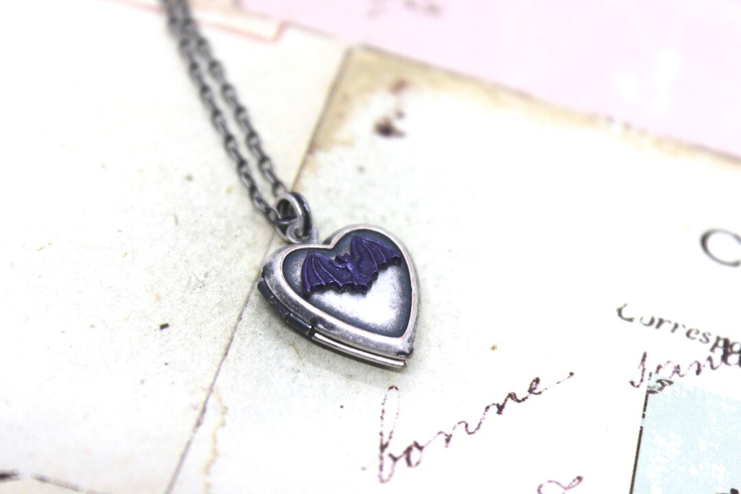 Bat Purple. Heart Locket Necklace. Silver Ox Jewelry Now With Painted ...