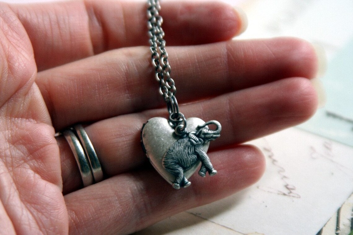Elephant. heart locket necklace. silver ox | Etsy