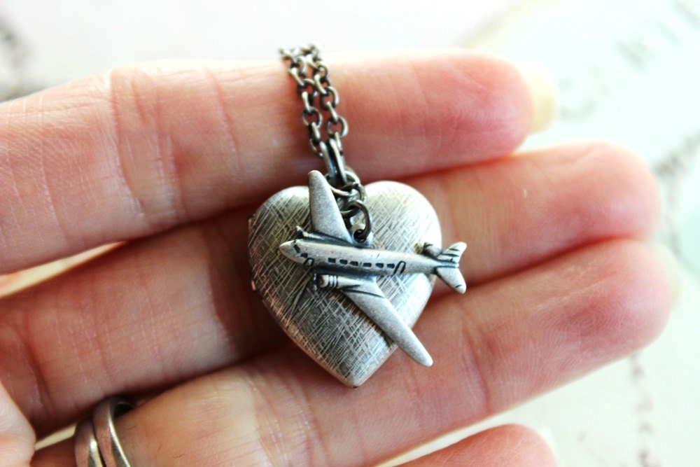 Airplane. Heart Locket Necklace. in Silver Ox With Etched - Etsy