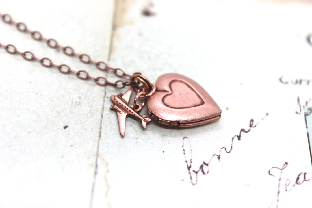 Airplane Heart Locket. Necklace in Rose Gold Ox Shades Mini Size - Etsy
