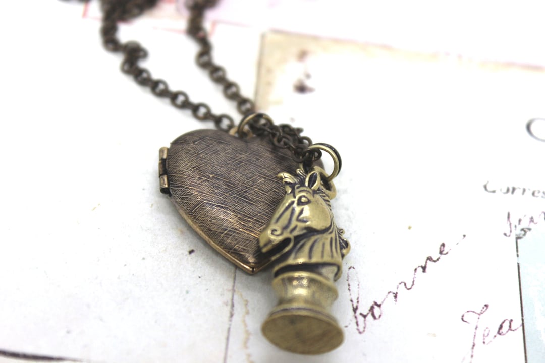 Knight. Heart Locket Necklace. in Brass Ox With Etched Lines Locket ...