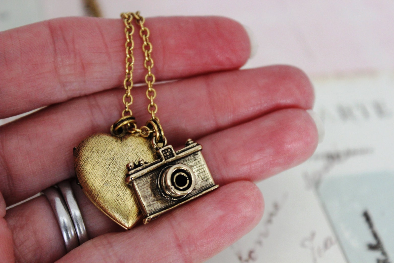 Camera. Heart Locket Necklace. in Gold Ox With Etched Lines | Etsy