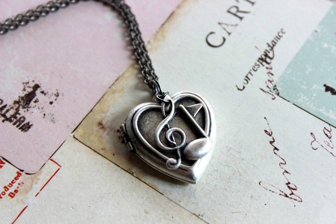 G Clef Music Notes. Heart Locket Necklace. Silver Ox Meduim Locket - Etsy