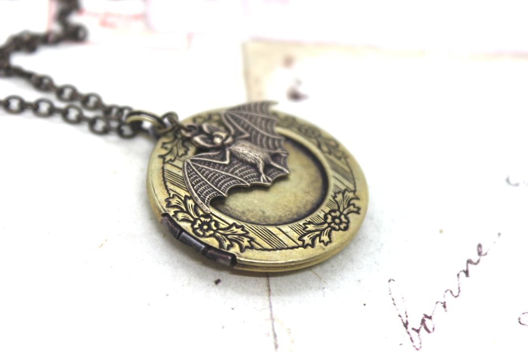 Bat. Locket Necklace. Brass Ox Jewelry Floral Round Locket - Etsy