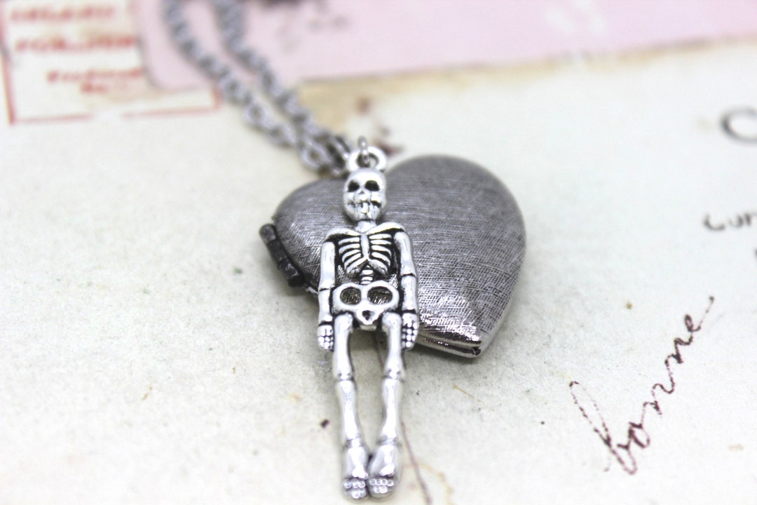 Skeleton. Heart Locket Necklace. in Antiqued Shiny Silver Tone With ...