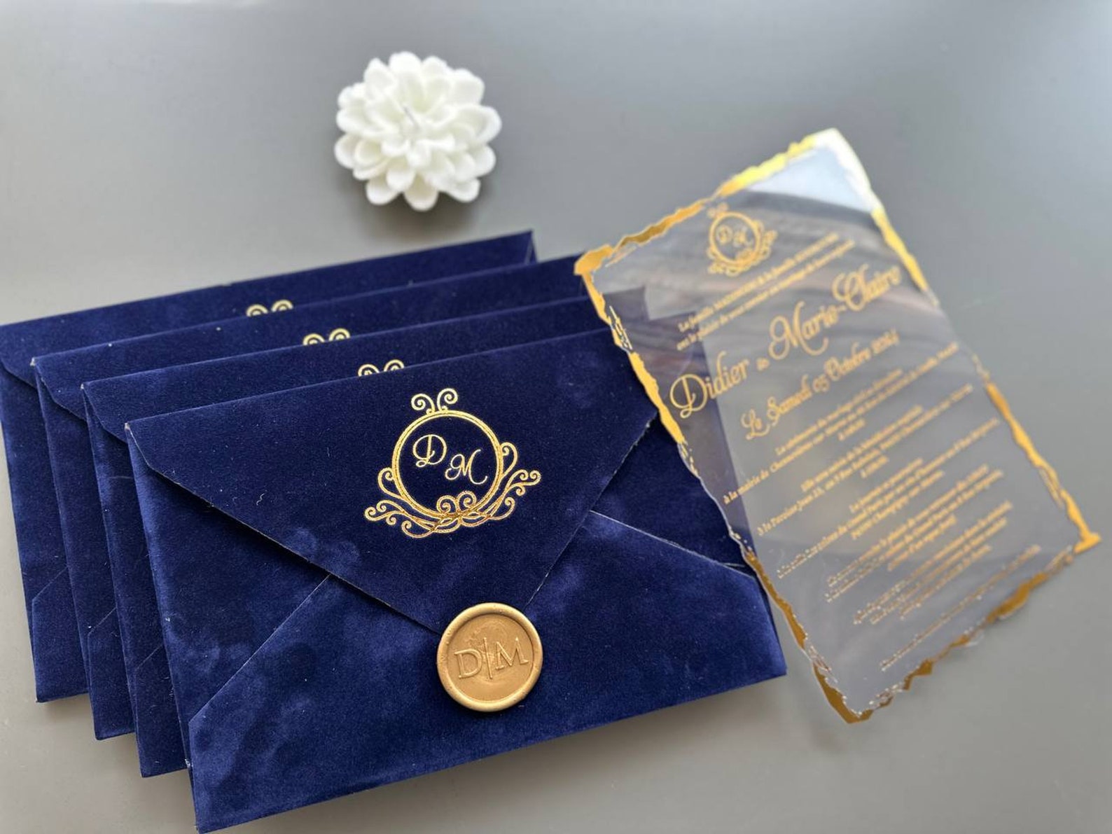 Navy Velvet Wedding Invitation Set: Gold Print, Custom Cut, Wax Seal - Etsy