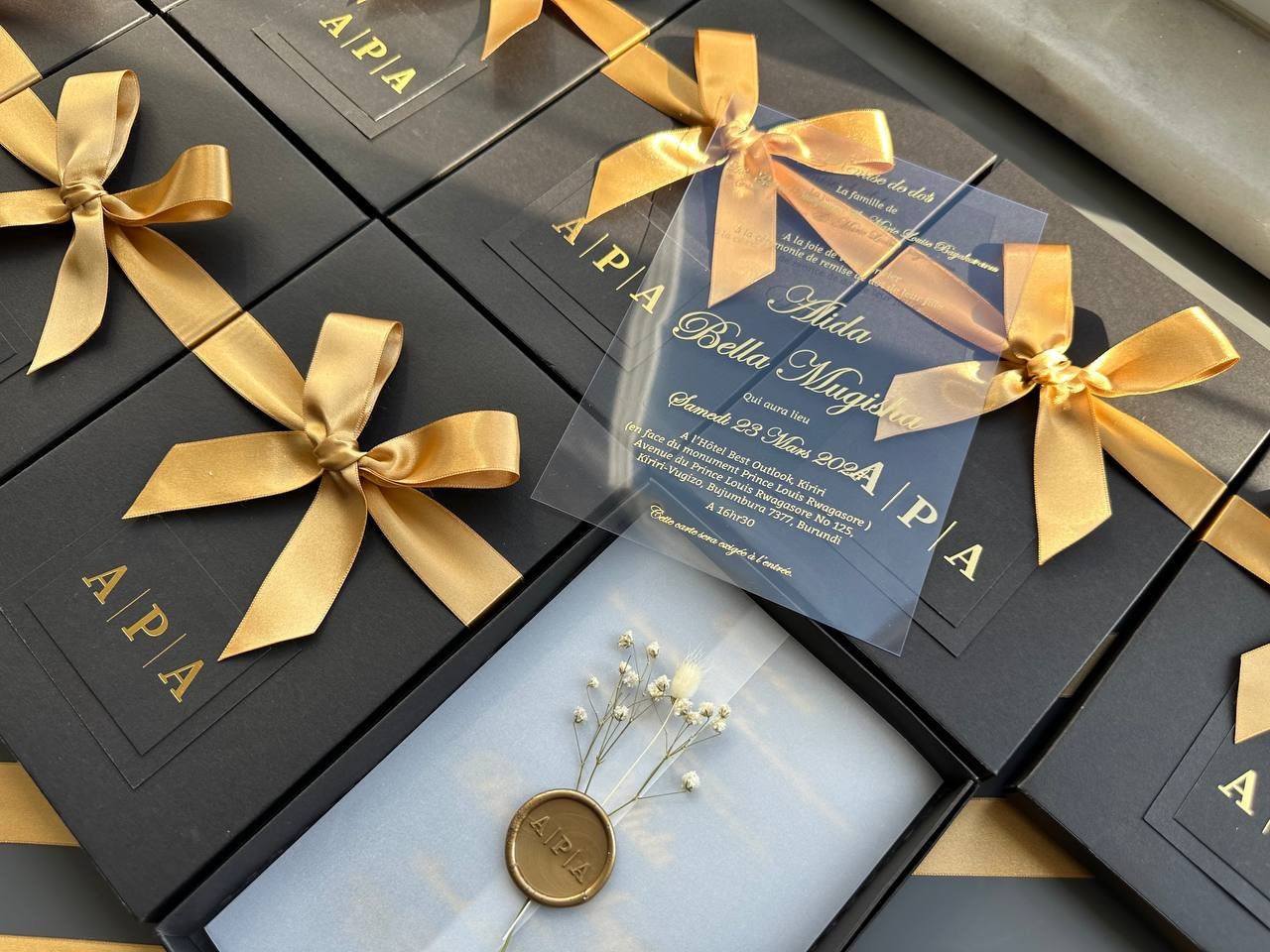 Black Box Invitation Set; Clear Acrylic Gold Printed Invitation With ...