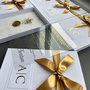 Box Invitation Set With Gold Ribbons; Luxury White & Gold Wedding ...