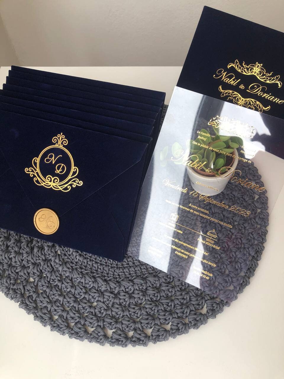 Gold Printed Acrylic Invitation With Special Velvet Envelopes, Exclusive Invitation Set Navy ...