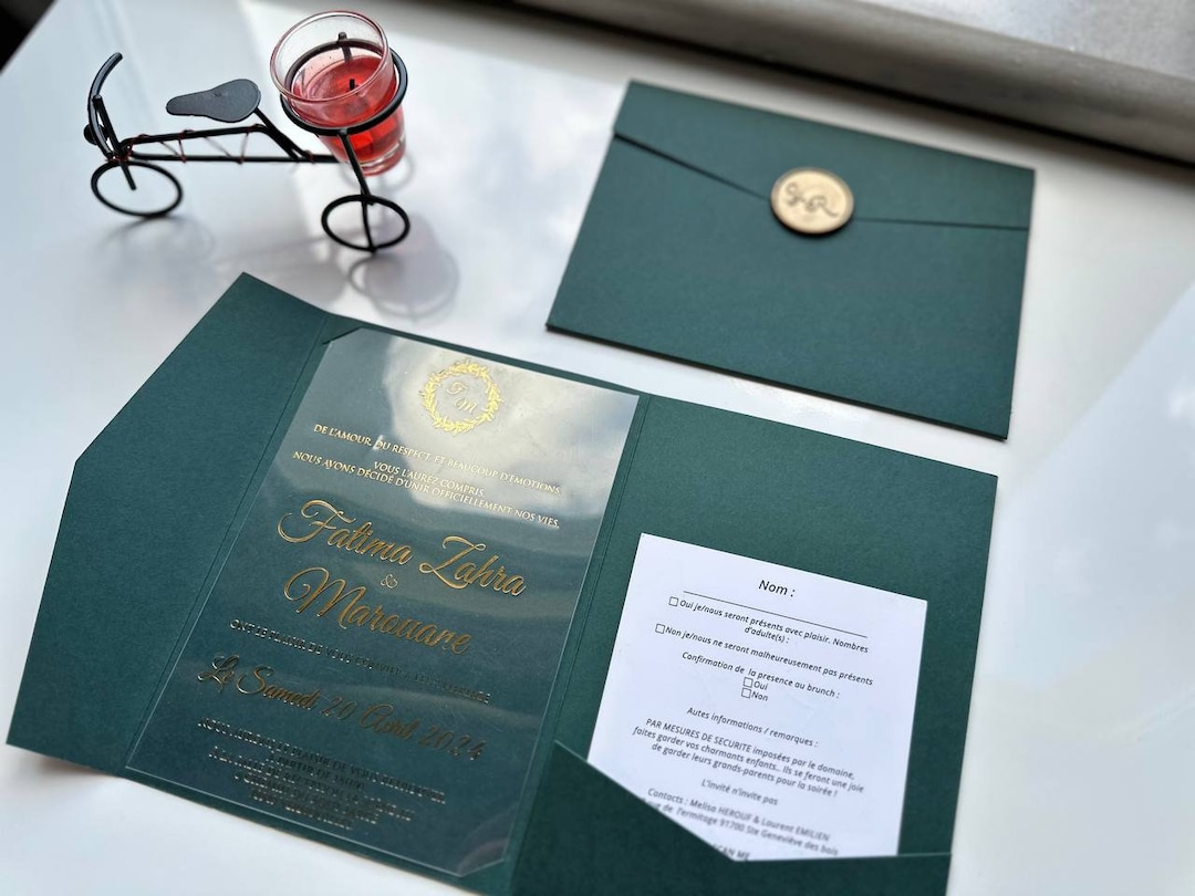 Dark Green Pocket Wedding Invitation – Gold Foil Acrylic Card & Custom ...