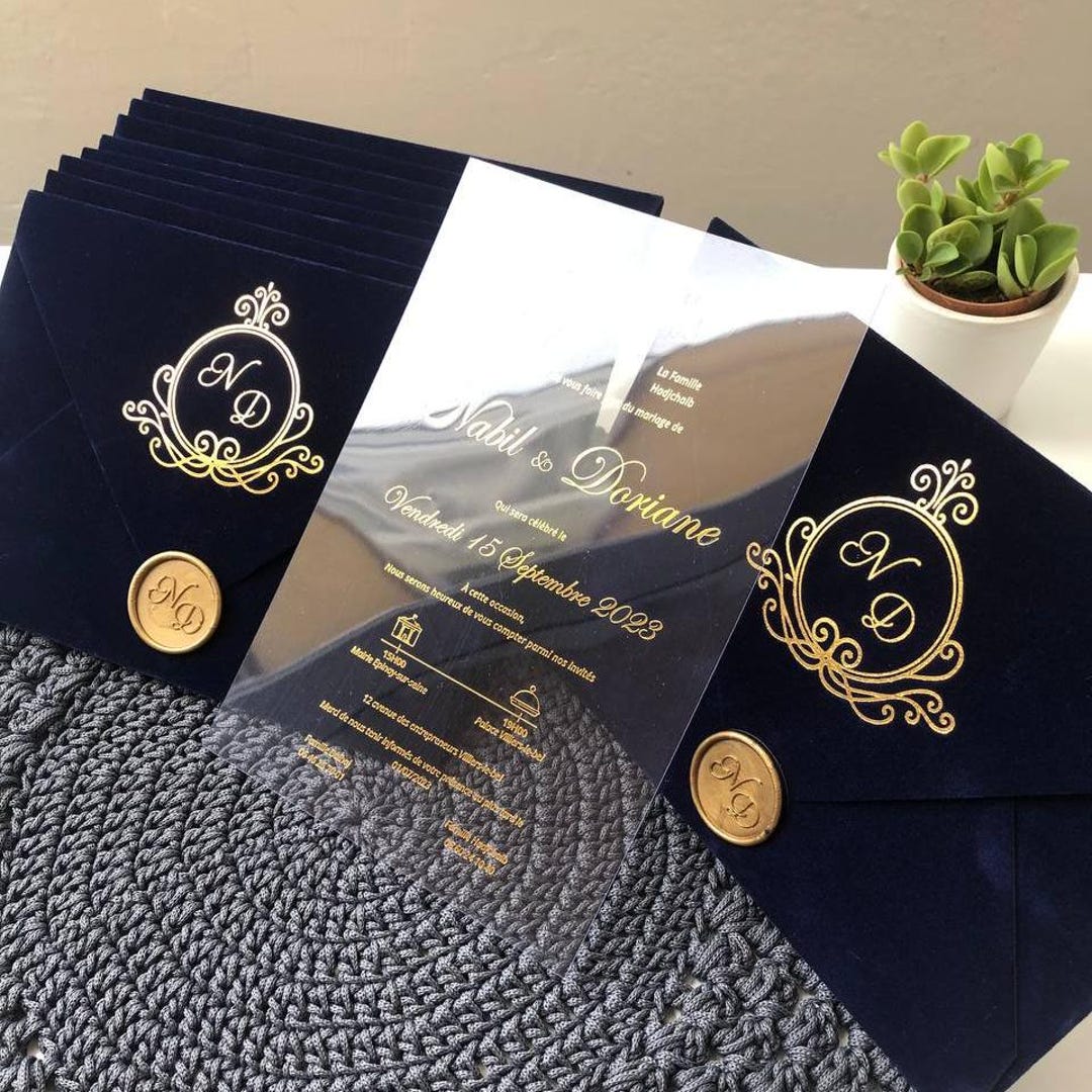 Gold Printed Acrylic Invitation With Special Velvet Envelopes ...