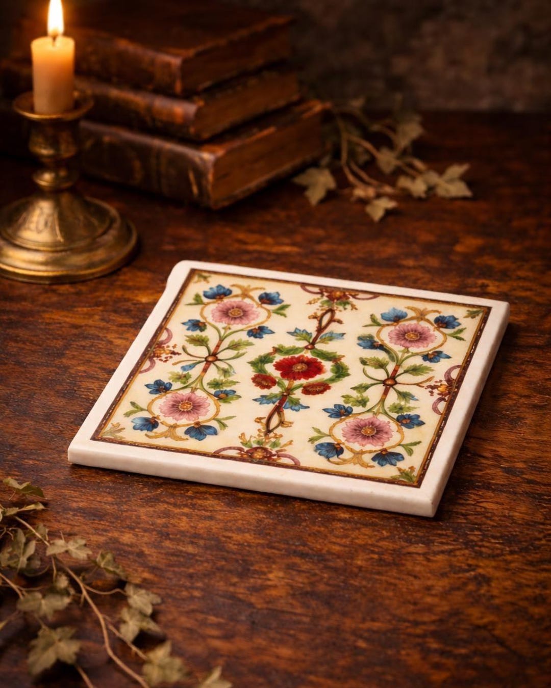 Medieval Floral Ceramic Coaster | Tudor Folklore Design - Etsy