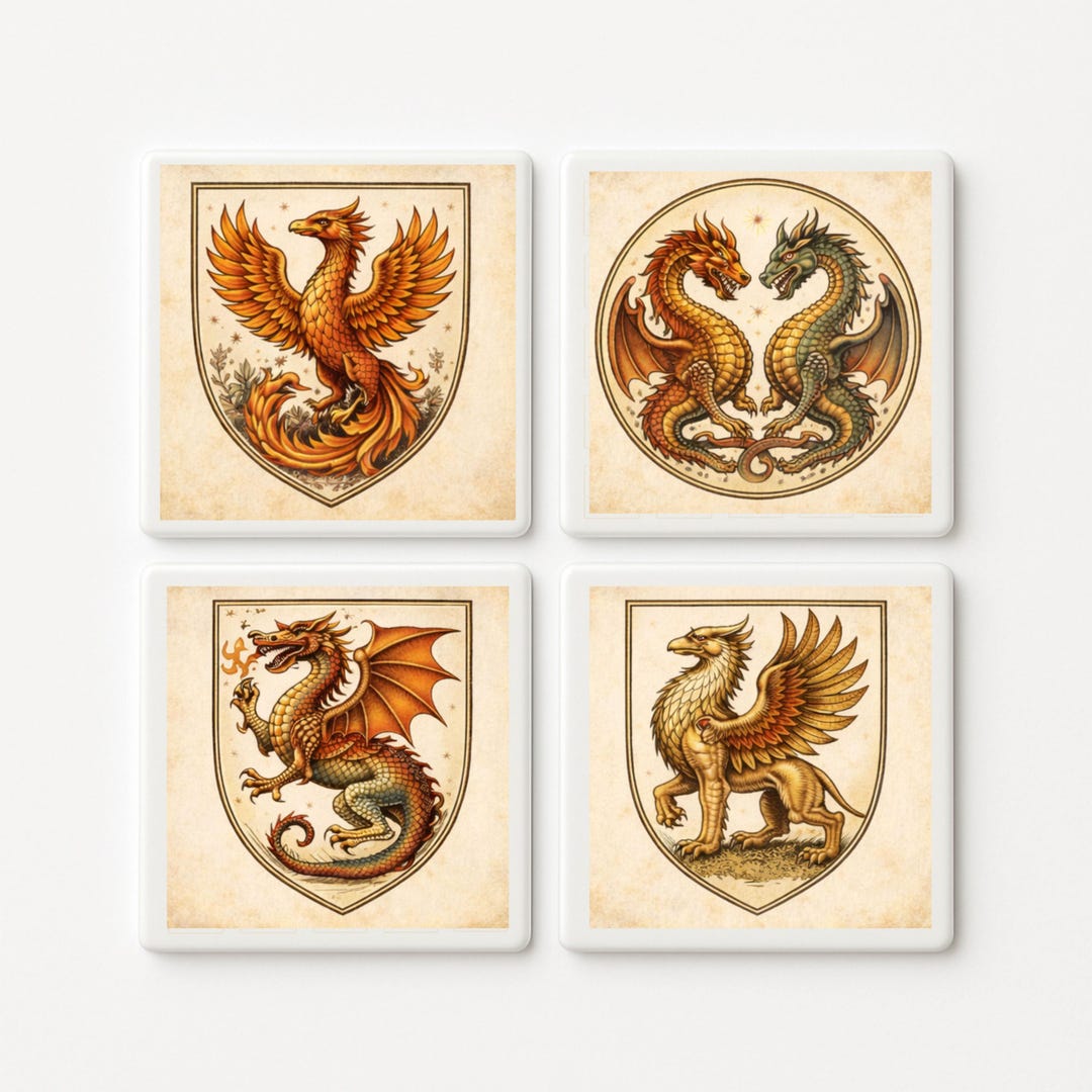 Medieval Dragon & Phoenix Ceramic Tile Set – Heraldic Fantasy Decor ...