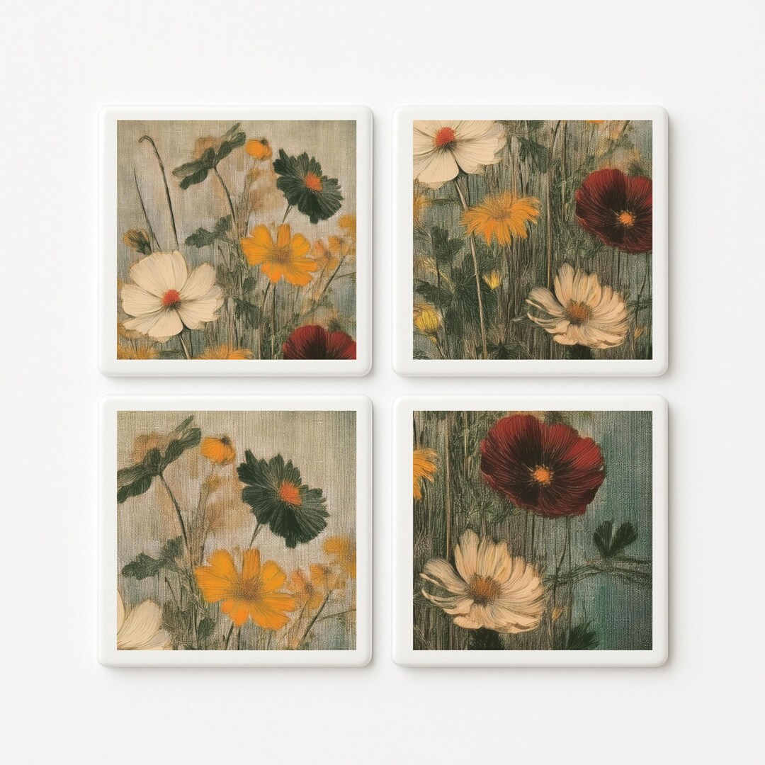 Vintage Wildflower Ceramic Tile | Floral Art Coaster or Decor | Single ...