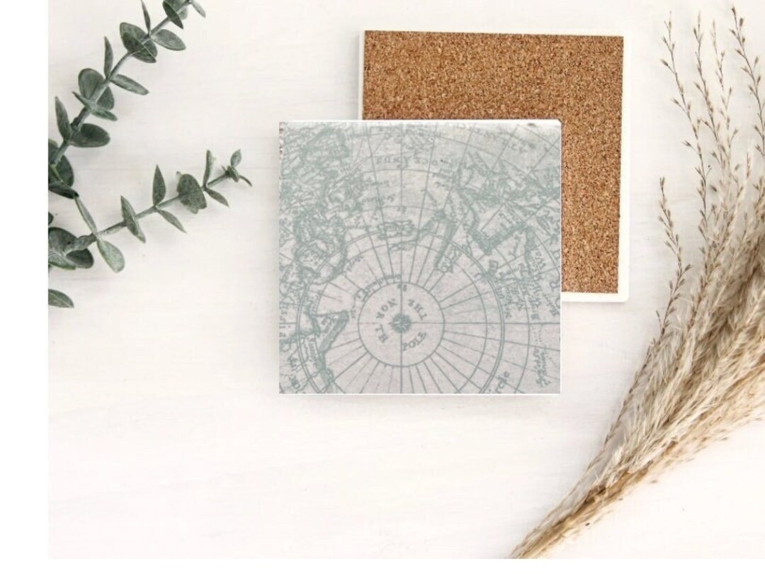 WORLD MAP NAUTICAL Ceramic Tile Coaster Handmade Drink Coaster Modern ...