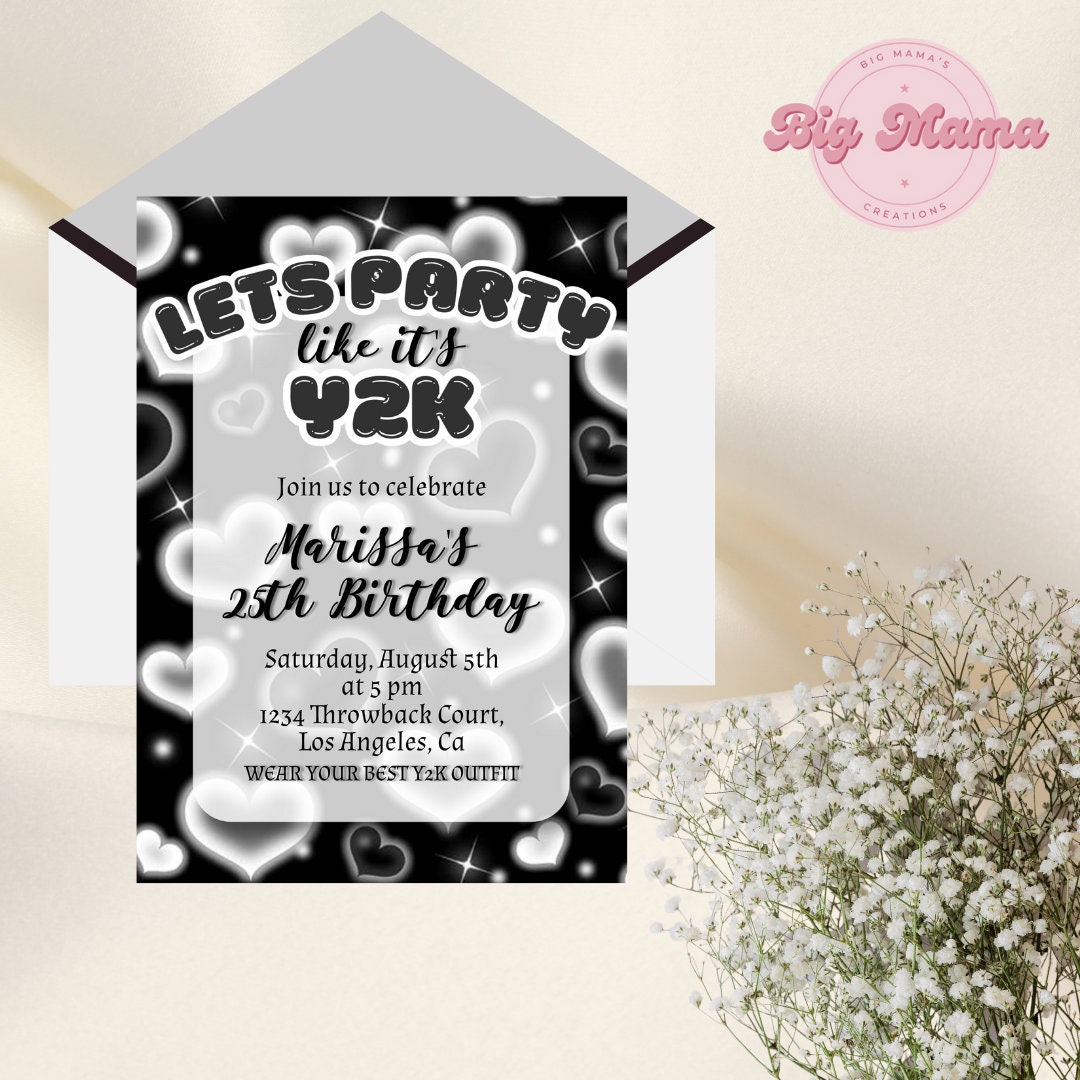 Editable Y2K Birthday Invitation: Black & White Throwback Party ...