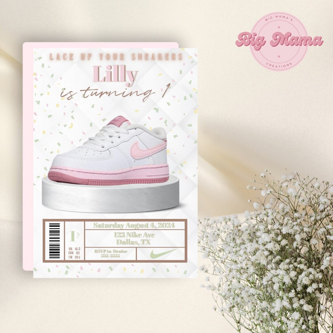 Girls Nike Birthday Invitation, First Birthday Invite, Nike Birthday ...