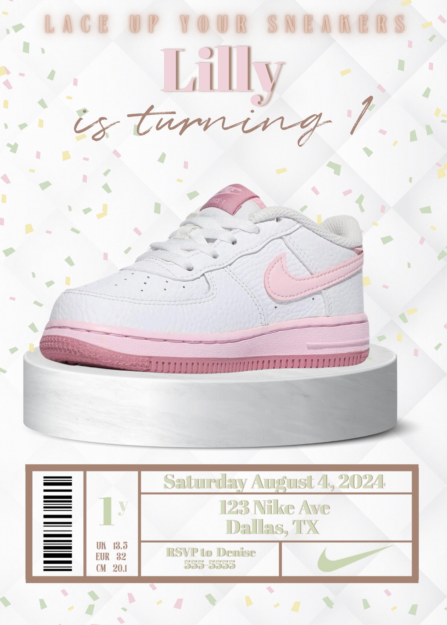 Girls Nike Birthday Invitation, First Birthday Invite, Nike Birthday ...