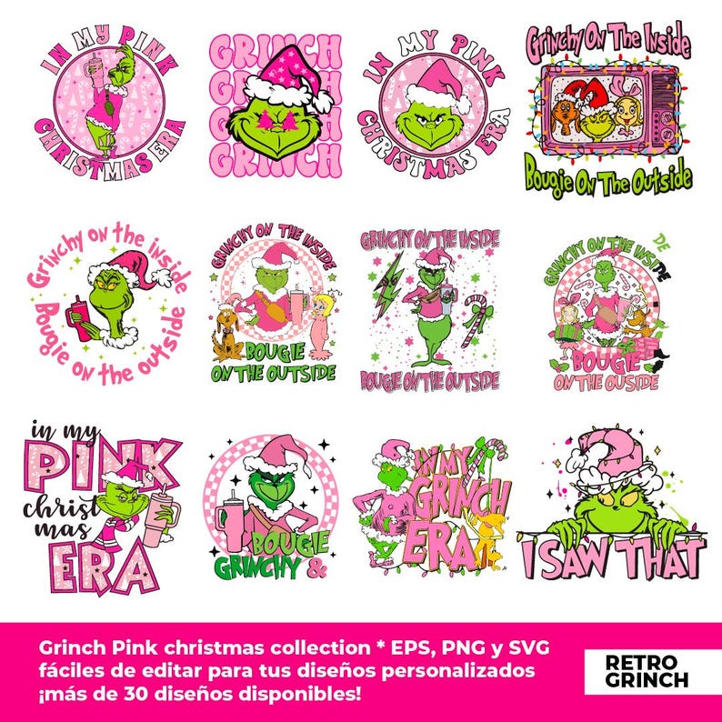 GRINCH PINK CHRISTMAS - Editable Designs Pack Png and Eps Easy to Edit ...