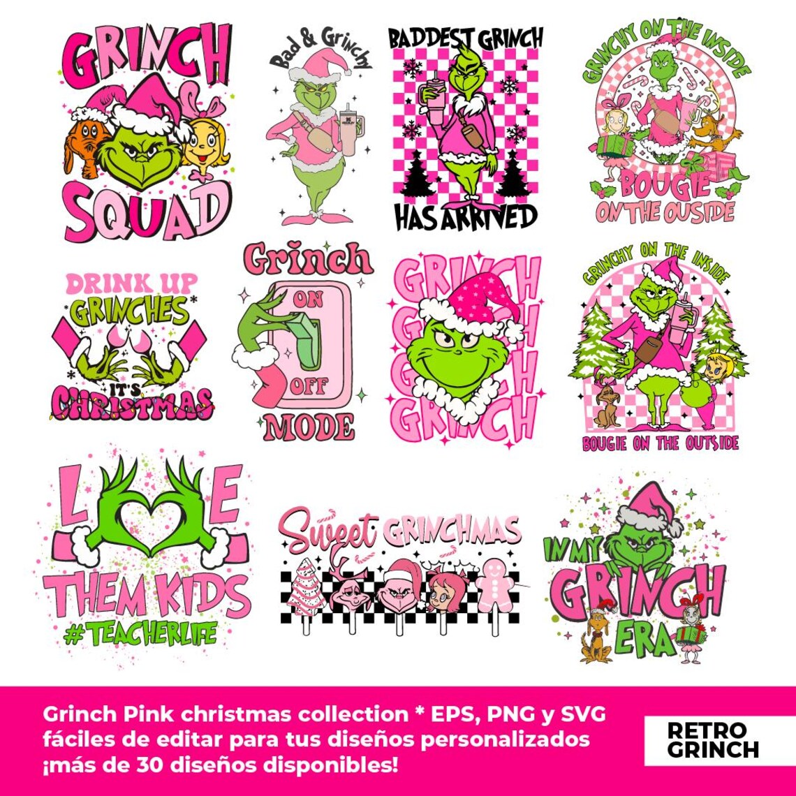 GRINCH PINK CHRISTMAS - Editable Designs Pack Png and Eps Easy to Edit ...