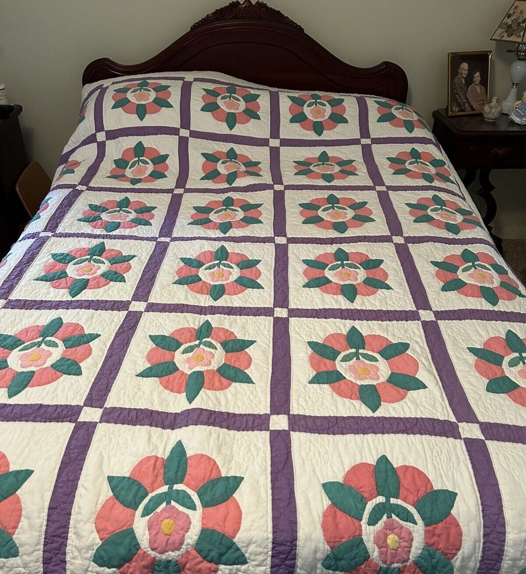 Great Border C 1950-60's QUILT Cameo/cabbage Rose Appl Quilt 78 X 90 ...