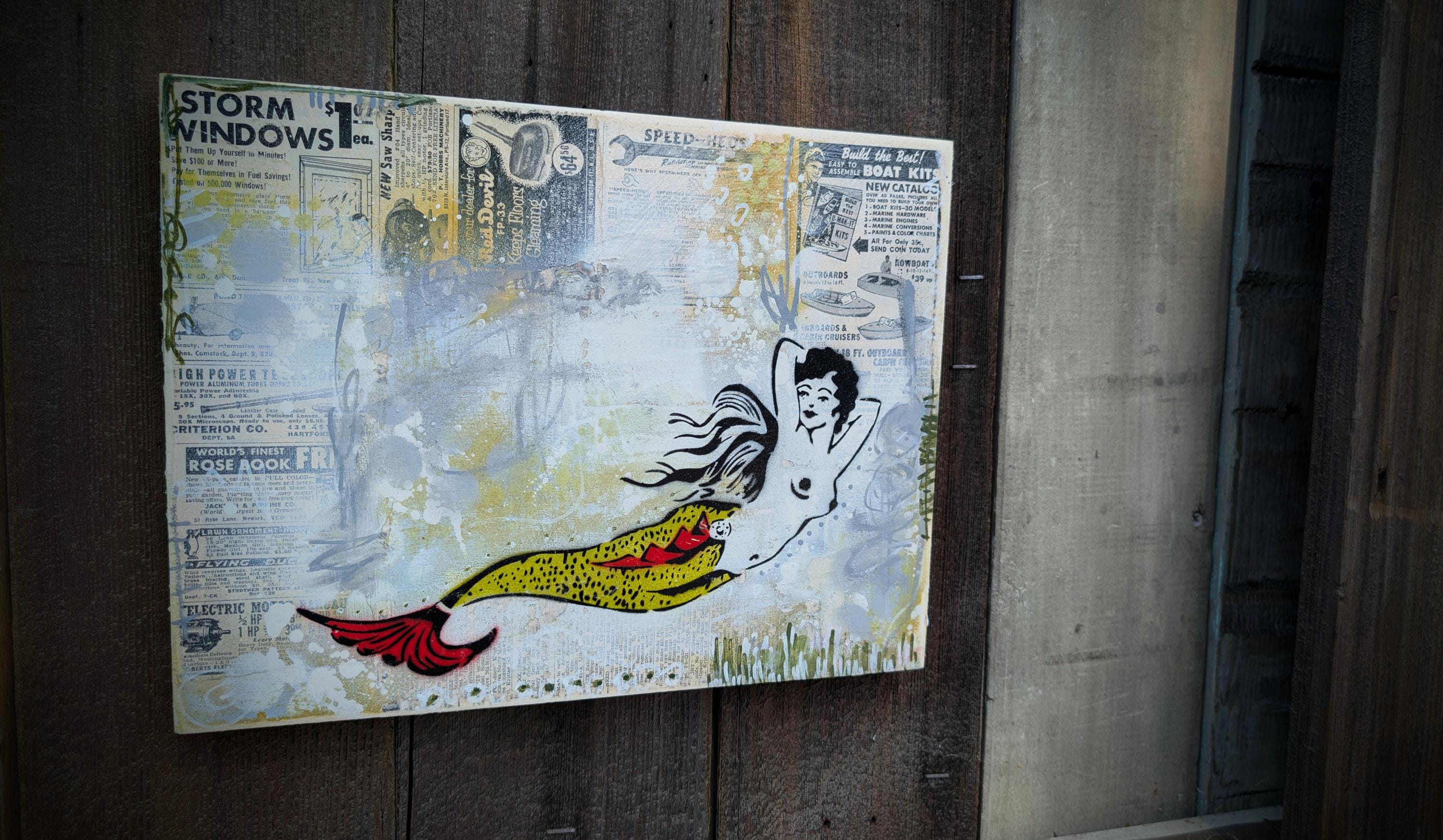 Mermaid Mixed Media Graffiti Art Painting Original Art on Collaged Wood ...